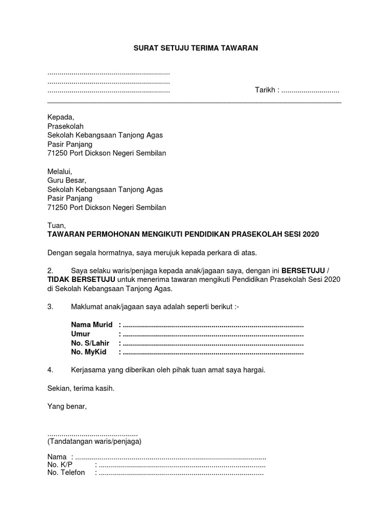 Surat Setuju Terima Tawaran Prasekolah | PDF