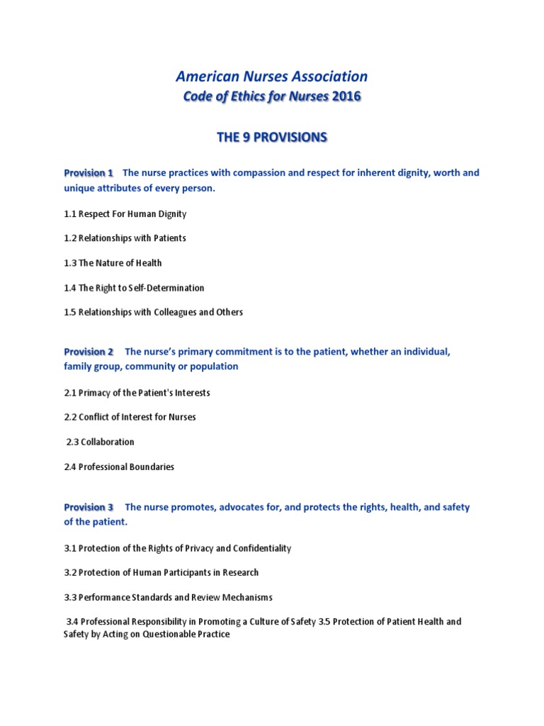 2016 Code of Ethics For Nurses - 9 Provisions | PDF | Nursing | Health ...