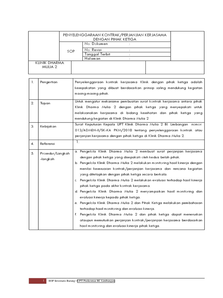 Sop Penyelenggaraan Kontrak Dengan Pihak Ketiga Klinik | PDF