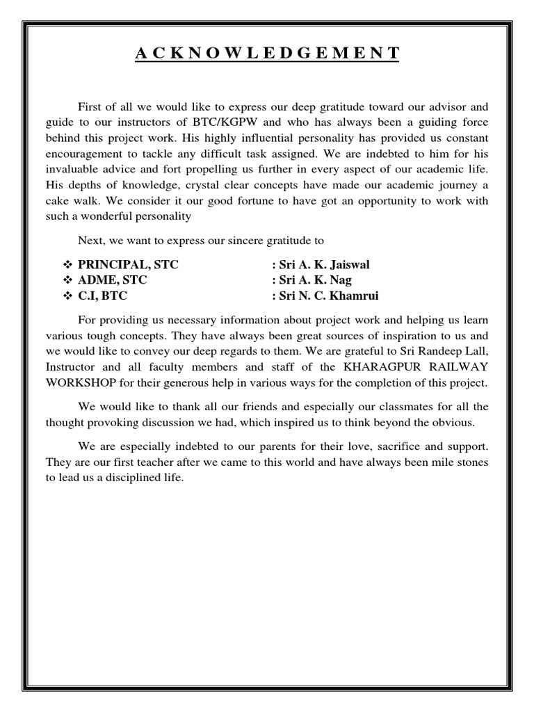 Acknowledgement: Principal, STC: Sri A. K. Jaiswal Adme, STC: Sri A. K ...