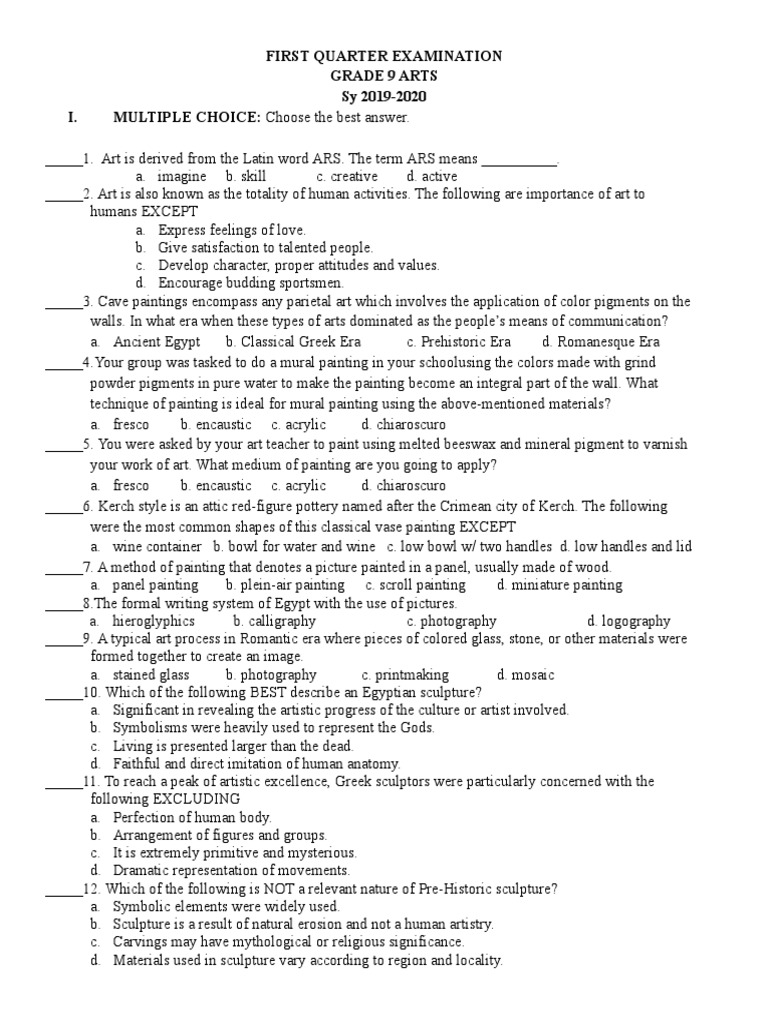 First Quarter Examination Grade 9 Arts Sy 2019-2020 I. MULTIPLE CHOICE ...