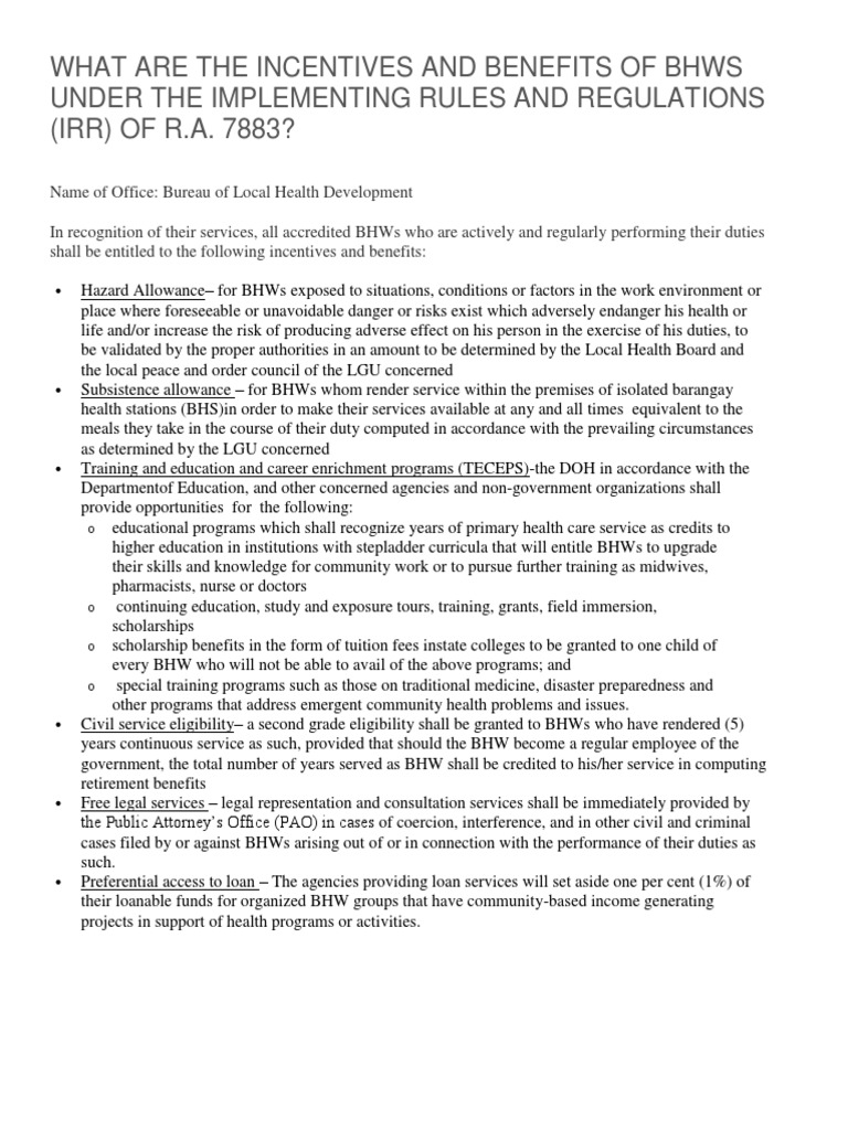 BHWS INCENTIVES AND BENEFITS UNDER RA 7883 IRR | PDF | Health Care | Risk