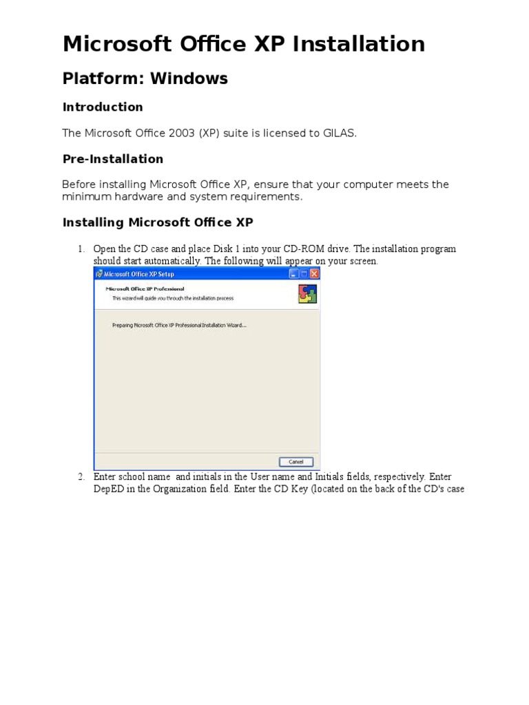 Microsoft Office XP Installation: Platform: Windows | PDF