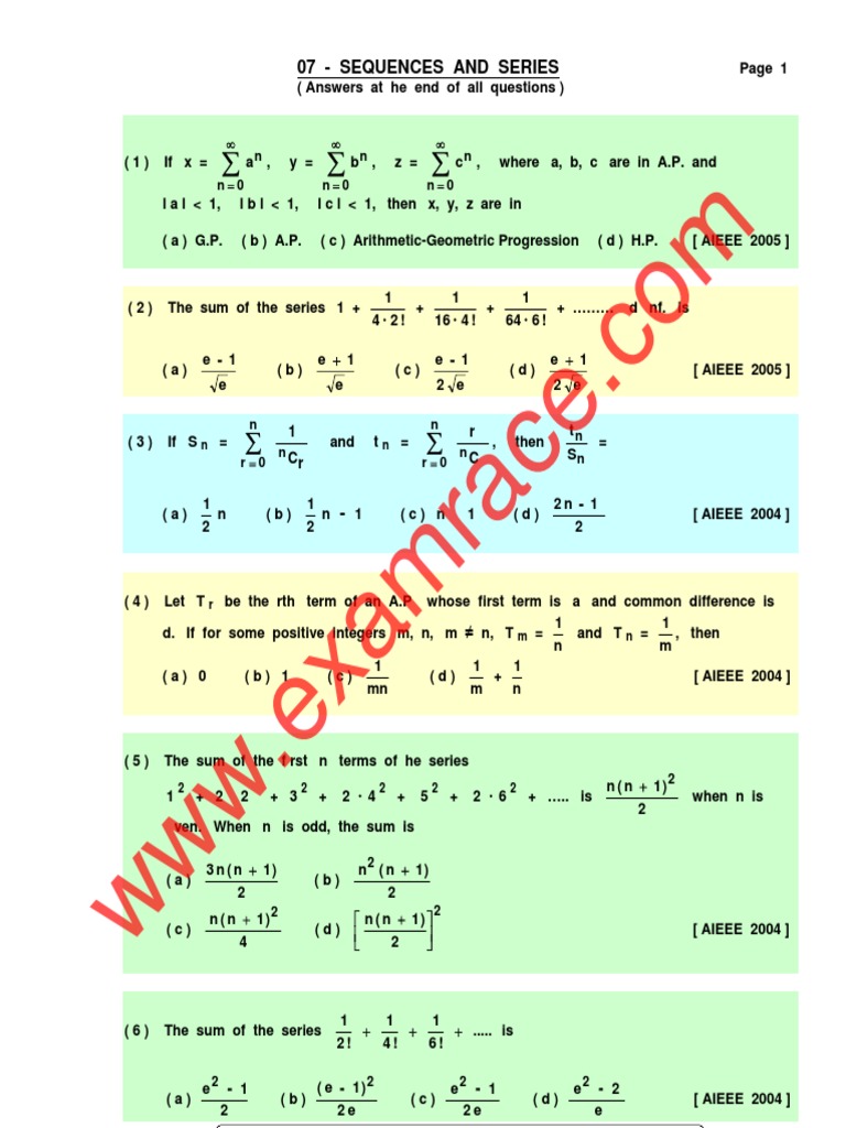 MCQs on Sequences and Series | PDF | Elementary Mathematics | Discrete ...