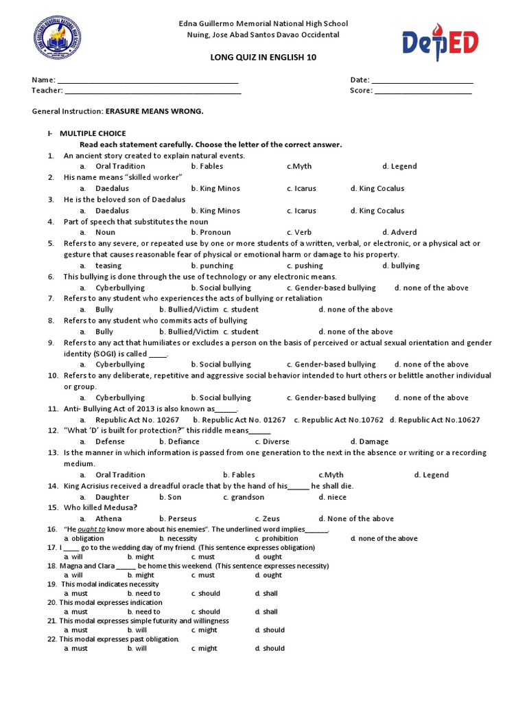Long Quiz in English 10: I-Multiple Choice Read Each Statement ...