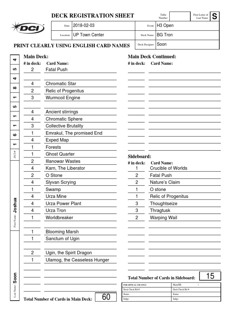 Deck Registration Sheet: Print Clearly Using English Card Names Main Deck: Main Deck Continued ...