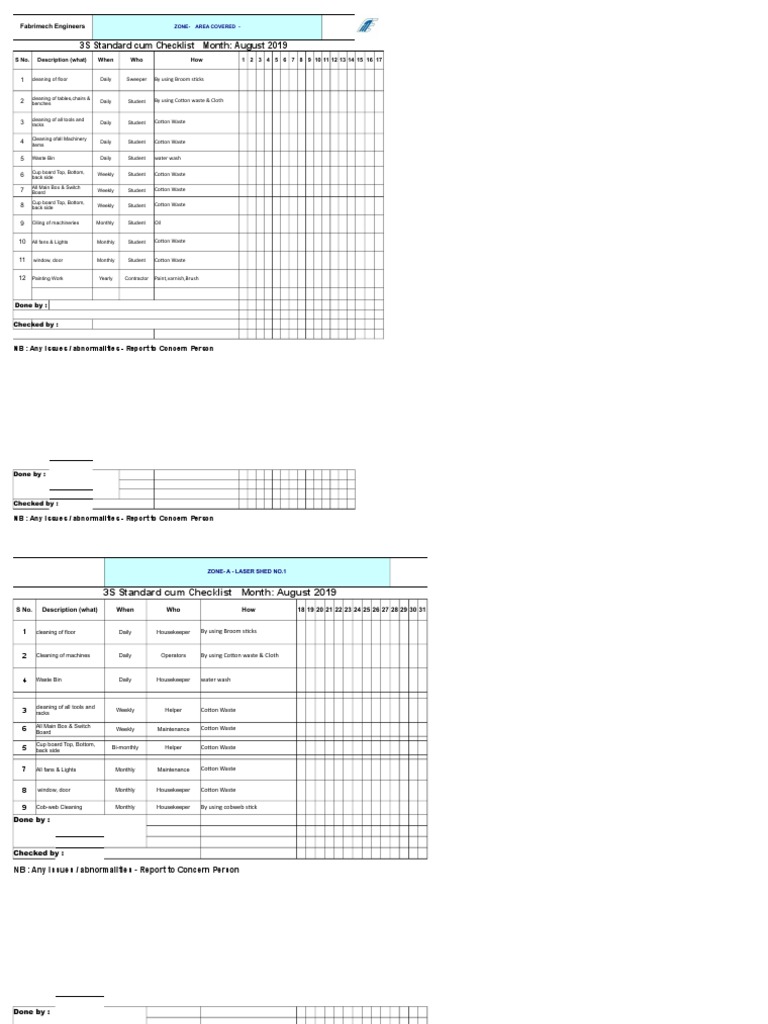 3S Standard Cum Checklist Month: August 2019: by Using Broom Sticks ...