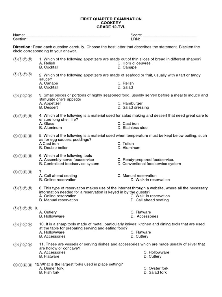 Food and Beverage Exam | PDF | Tableware | Hors D'oeuvre