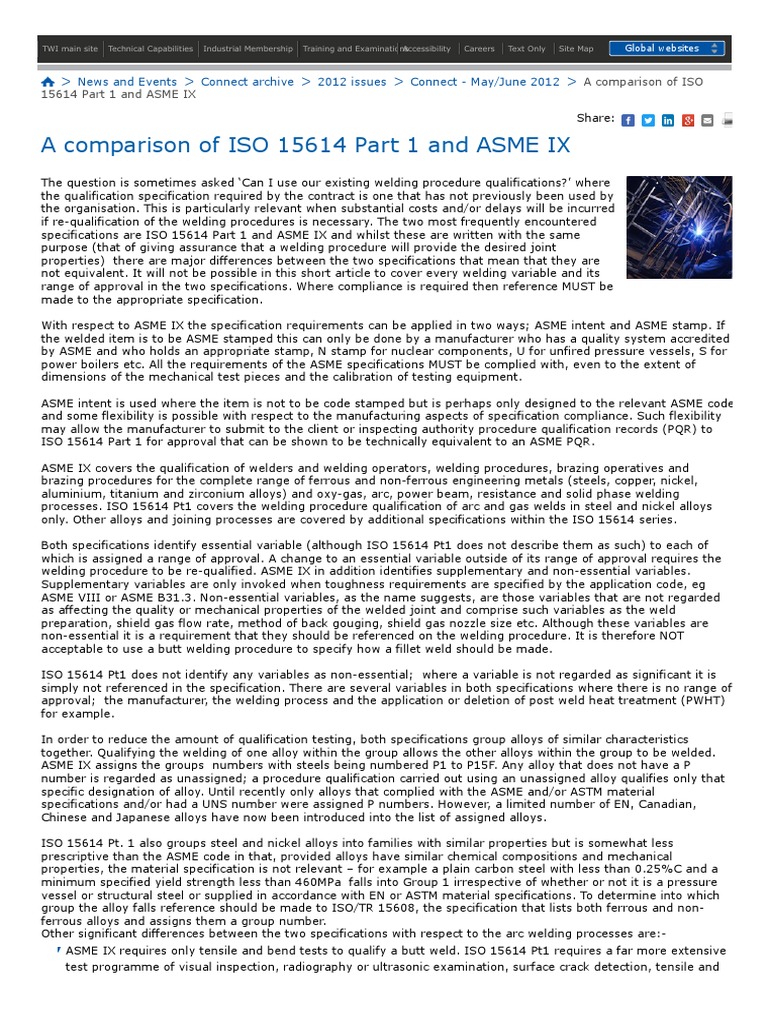 A Comparison of ISO 15614 Part 1 and ASME IX | Download Free PDF ...