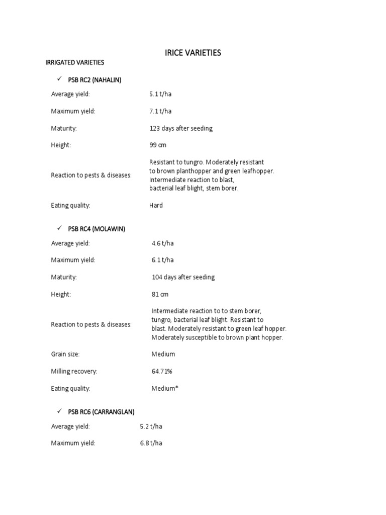 Irice Varieties | PDF | Rice | Cereals