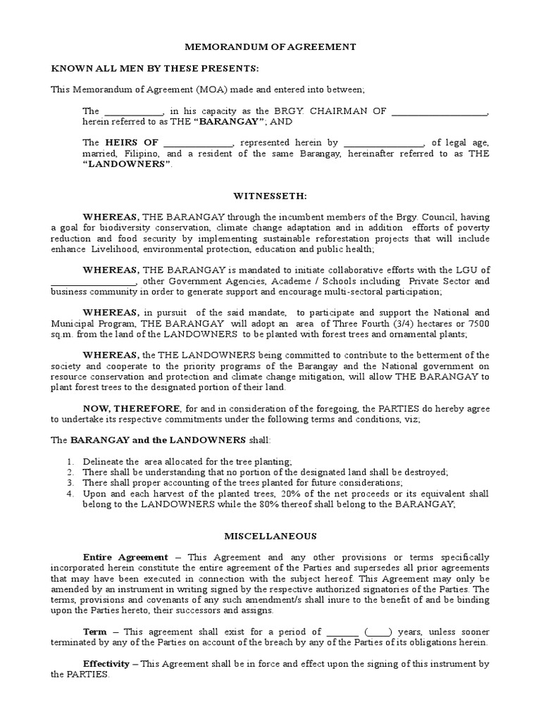 Memorandum of Agreement For Tree Planting | Conservation (Ethic ...