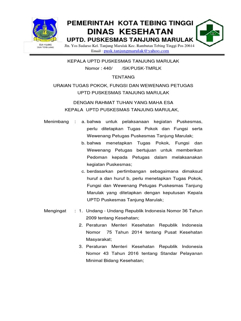 Sk-Uraian Tugas Pokok, Fungsi Dan Wewenang Petugas Upt Puskesmas Tangkahan Durian | PDF
