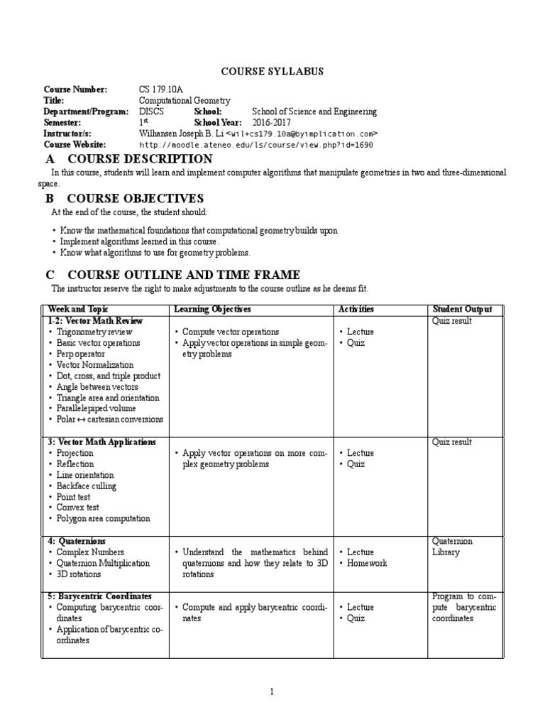 Computational Geometry: A Detailed Course Syllabus Outlining Vector ...
