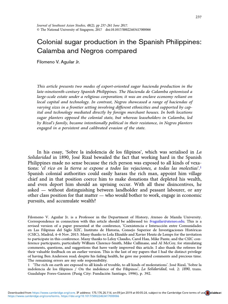 Colonial Sugar Production in The Spanish Philippines: Calamba and ...