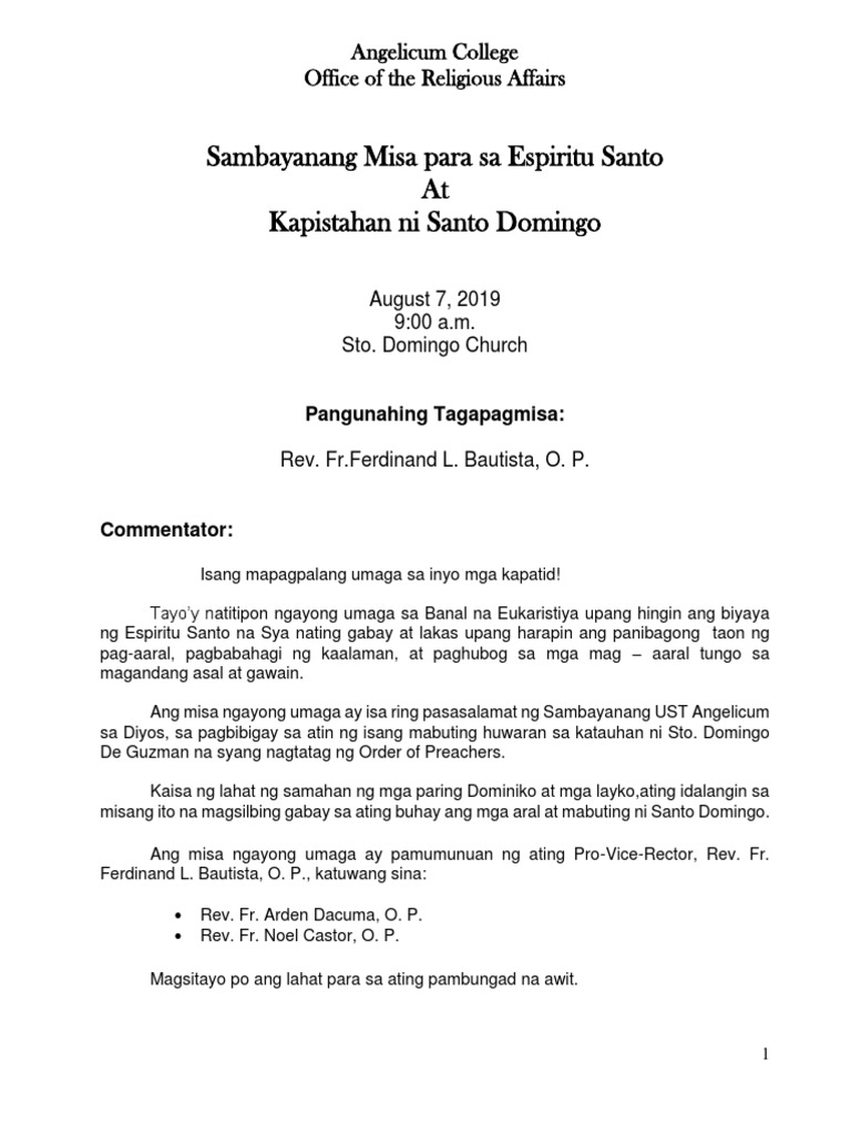 2019 Liturgy For Mass of The Holy Spirit | PDF