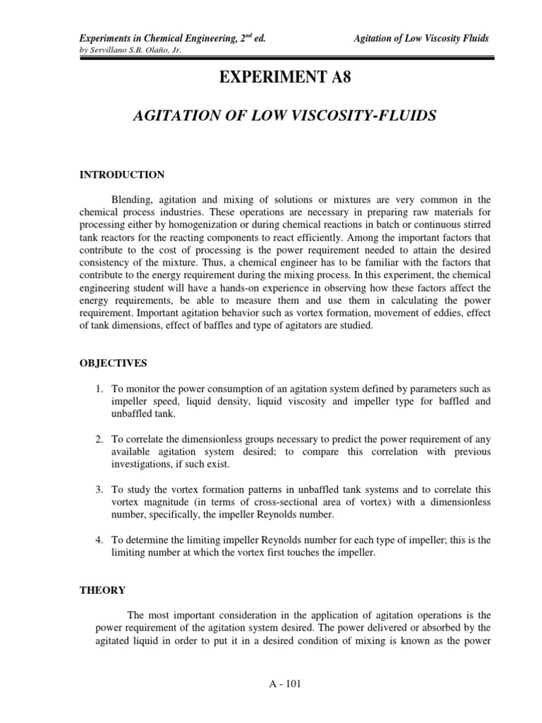 Agitation of Low Viscosity-Fluids: Experiment A8 | Download Free PDF ...