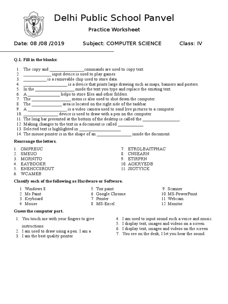 Practice Worksheet Class4 | PDF | Media Technology | Software
