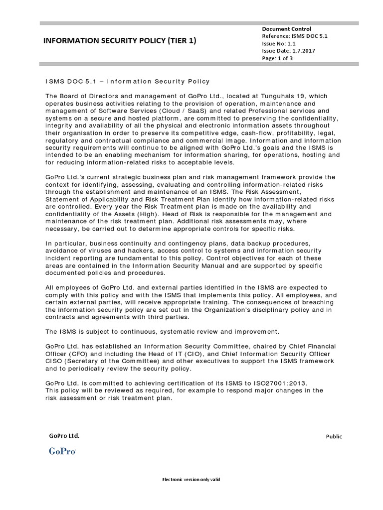 ISMS DOC 5.1 - Information Security Policy 1.1 | PDF | Information Security | Risk Management
