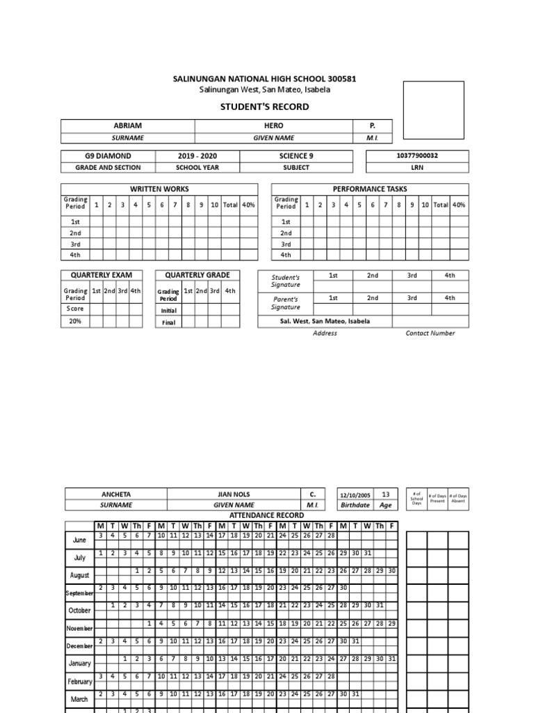 Individual Grading Sheet 2019-2020 | PDF