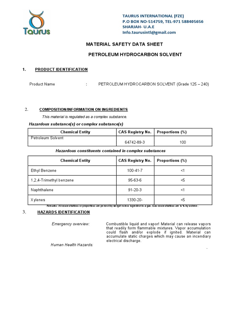 MSDS__Petroleum Hydrocarbon Solvent 125/240 | Firefighting | Solvent