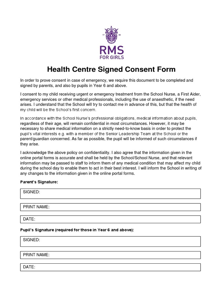 Health Centre Signed Consent Form: Parent's Signature | PDF