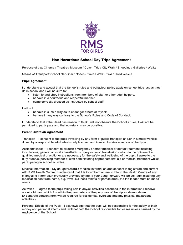 Non-Hazardous School Day Trips Agreement | PDF | Health Care | Wellness