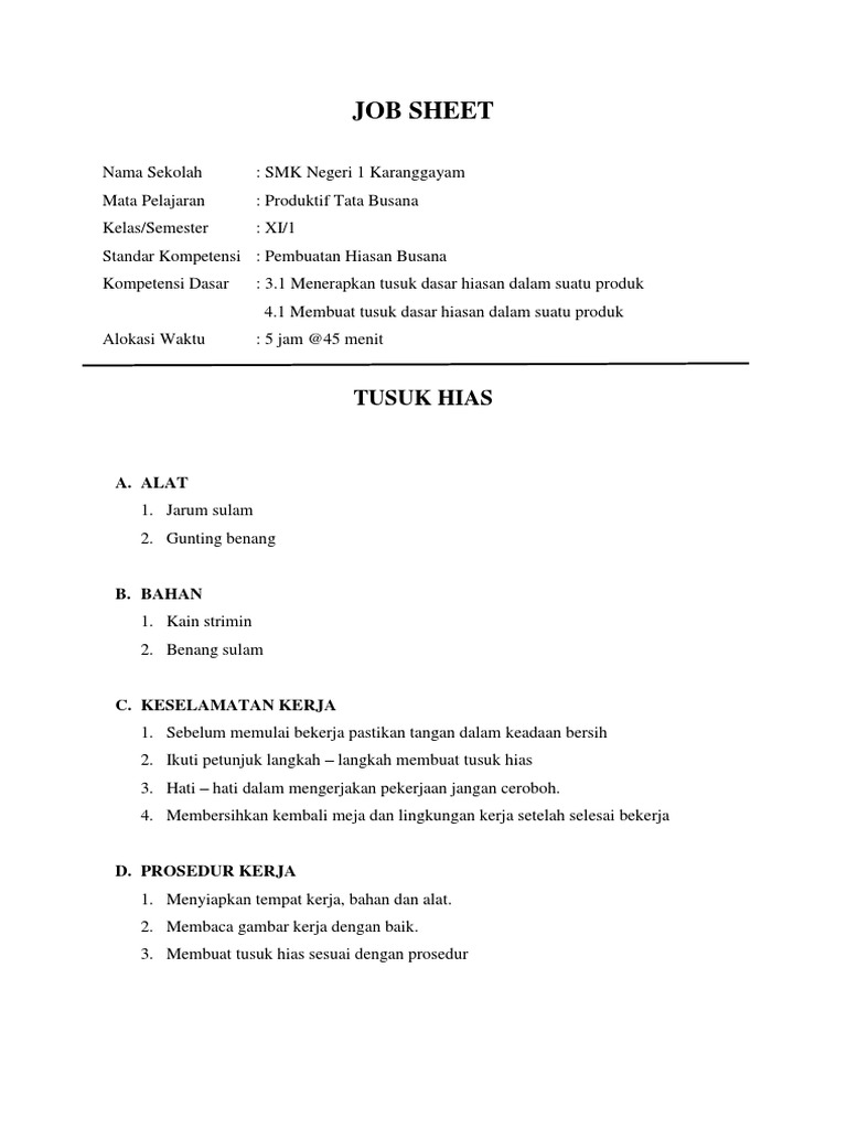 Job Sheet - Tusuk Hias | PDF