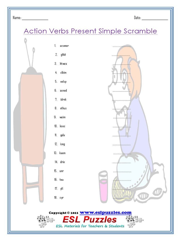 Action Verbs Present Simple Scramble: Name: - Date | PDF