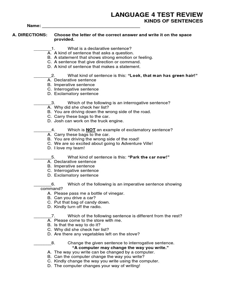 Kinds of Sentences Quiz Review | PDF | Question | Linguistics