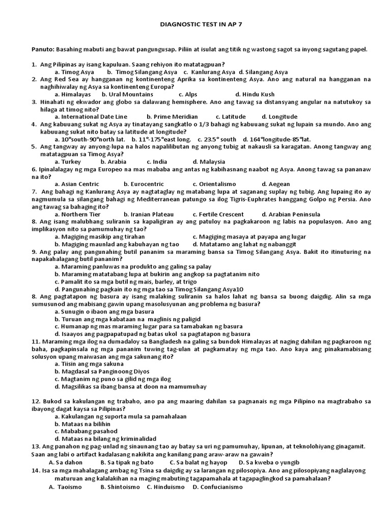 Grade 7 Diagnostic Test | PDF