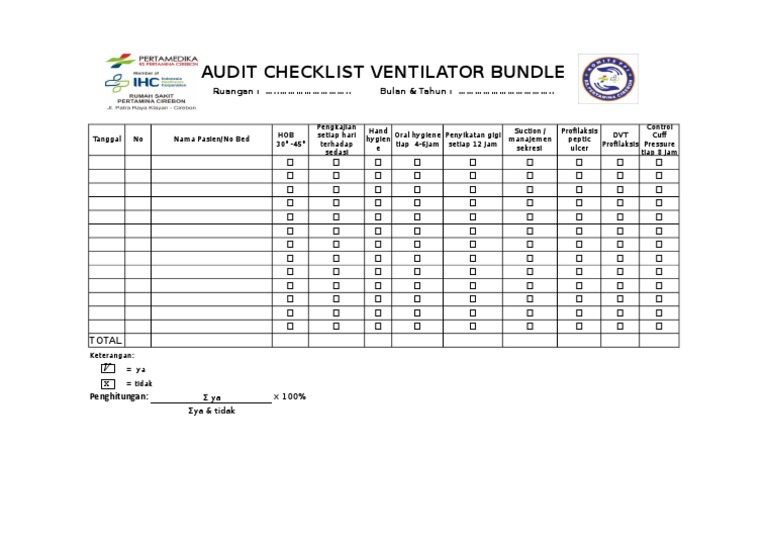 Audit Checklist Ventilator Bundle: Ruangan: .. .. Bulan & Tahun ...