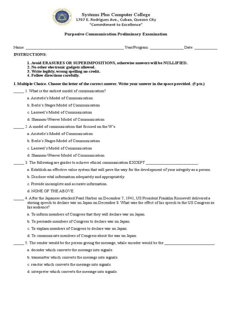 Purposive Communication Exam Prelim | PDF | Communication | Psychological Concepts