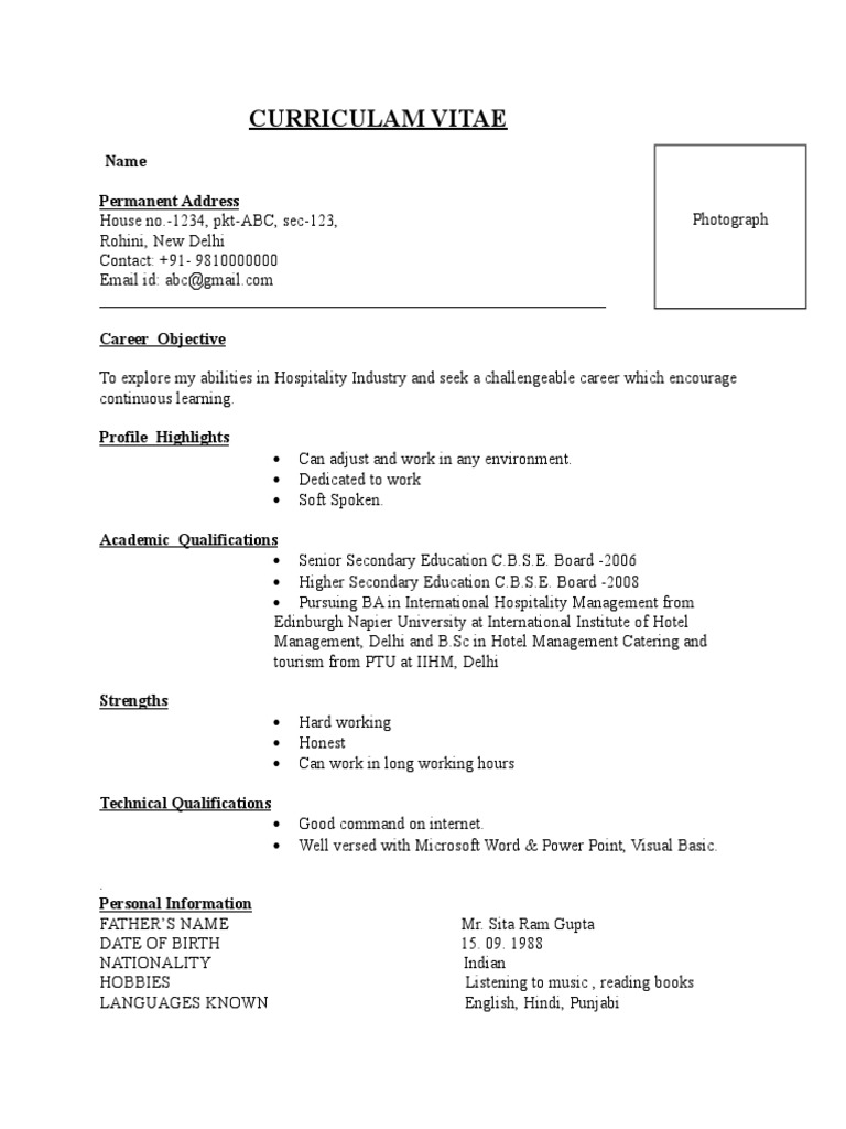 Curriculam Vitae: Name Permanent Address | PDF
