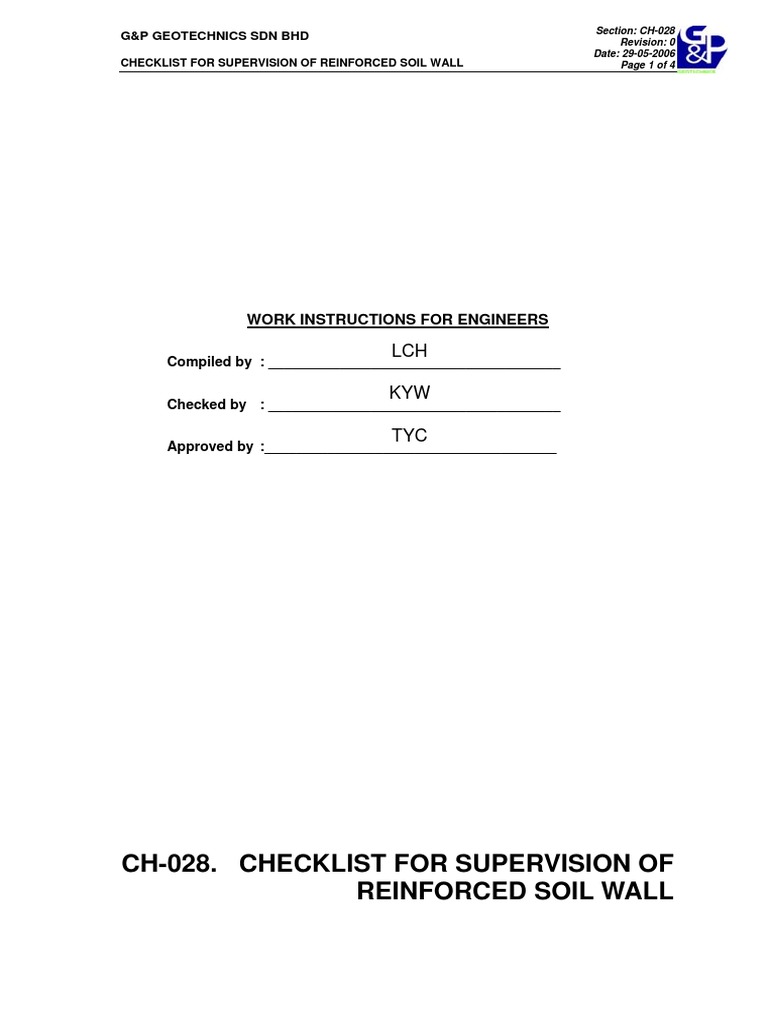 Checklist For Supervision of Reinforced Soil Wall PDF | PDF | Wall ...