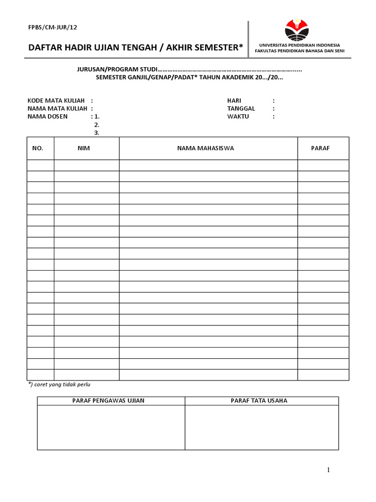 Contoh Daftar Hadir Uts Dan Uas | PDF