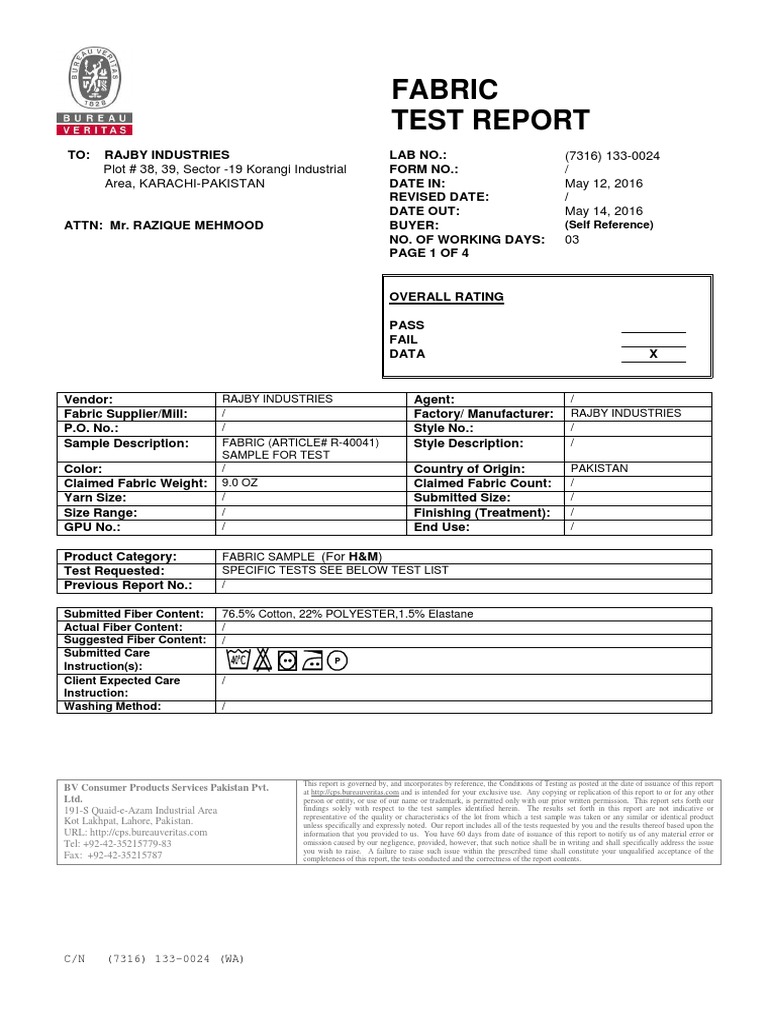 Fabric Test Report | PDF | Textiles | Textile And Clothing