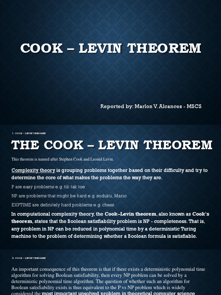 Cook - Levin Theorem: Reported By: Marlon V. Alcances - MSCS | PDF
