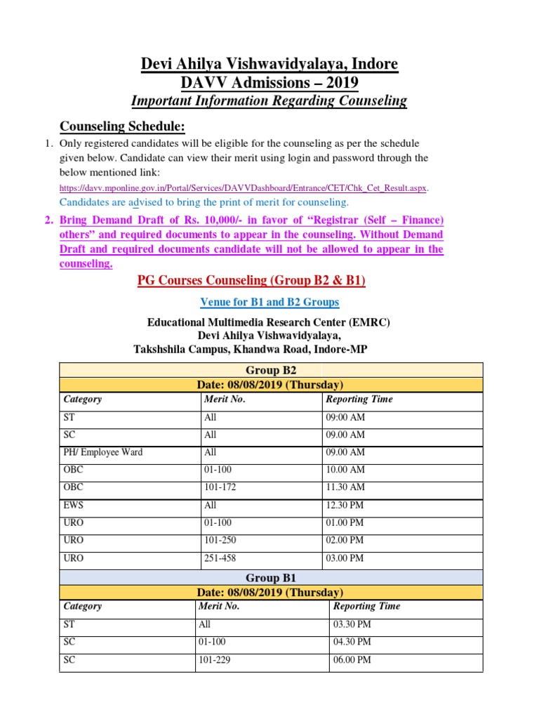 Devi Ahilya Vishwavidyalaya, Indore DAVV Admissions - 2019: Important Information Regarding ...