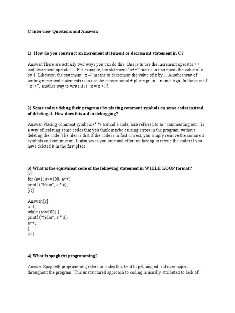 C Interview Questions And Answers Pdf C Programming Language Subroutine 4596
