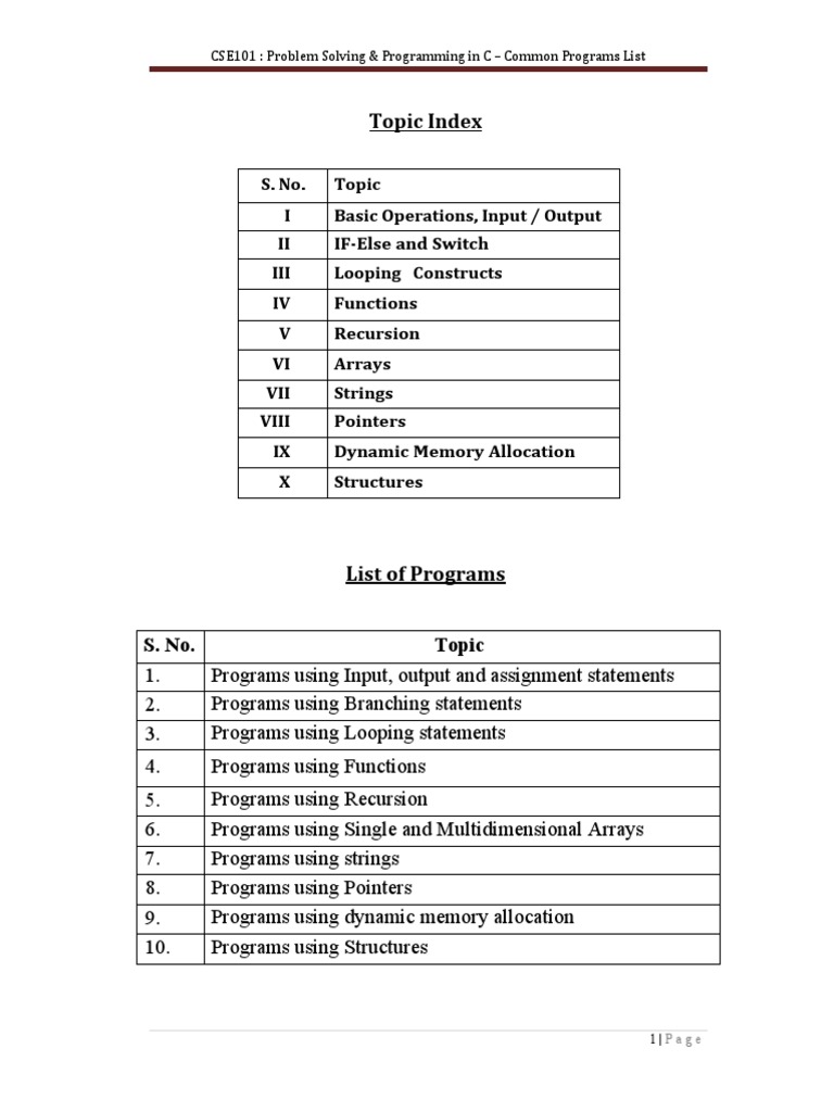 CSE101 C Common Programs List | PDF | C (Programming Language) | Pointer (Computer Programming)