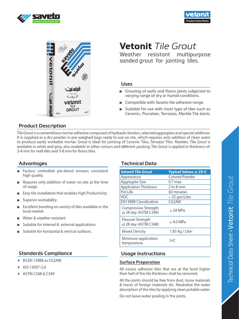 Vetonit Tile Grout Technical Data Sheet | PDF | Tile | Plaster