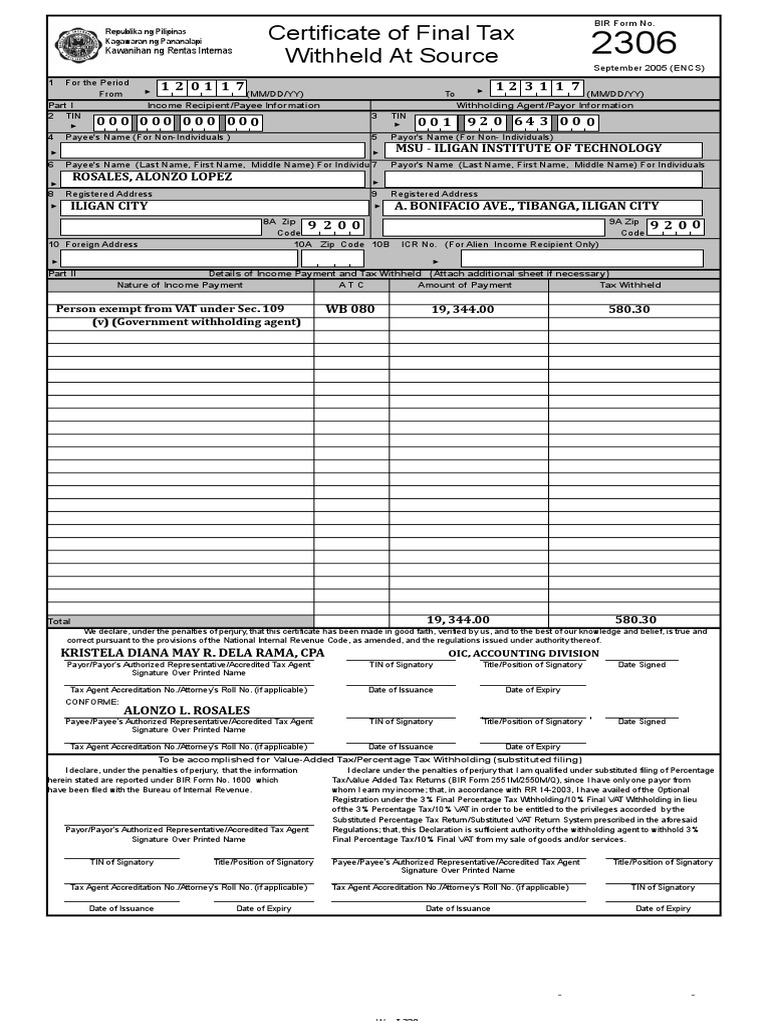 Bir Form 2306 Sample | PDF | Withholding Tax | Value Added Tax