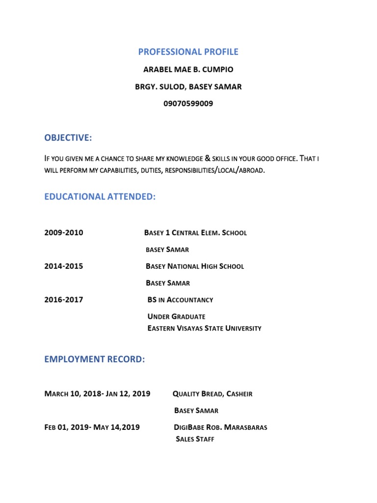 Professional Profile: Objective | PDF