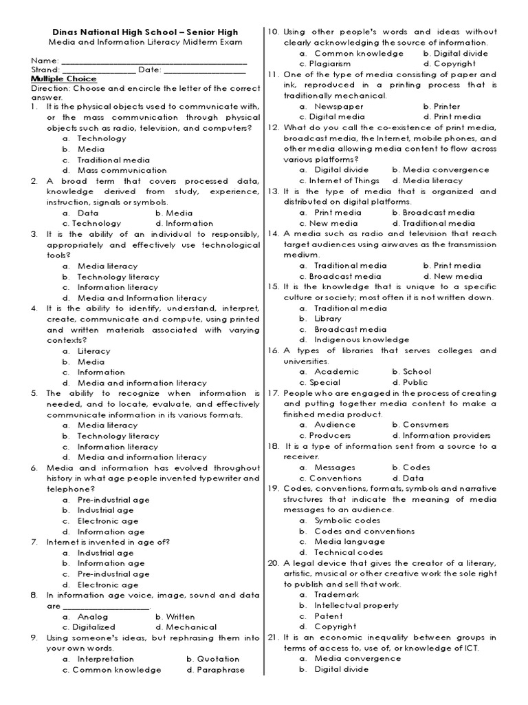 MIL First Quarter Examination | PDF | Information Literacy | Mass Media