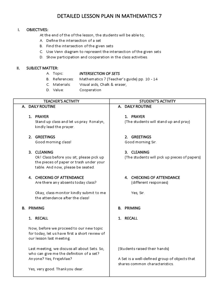 Detailed Lesson Plan in Mathematics 7 | PDF | Set (Mathematics) | Cognition