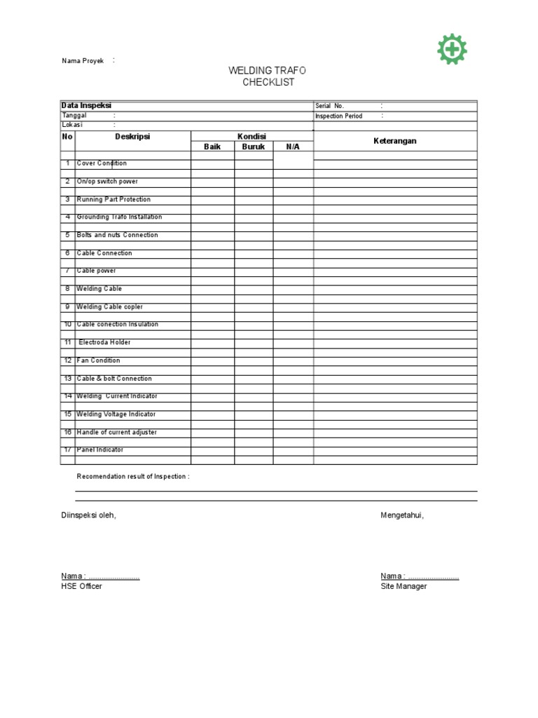 Welding Trafo Inspection Checklist | PDF | Technology & Engineering