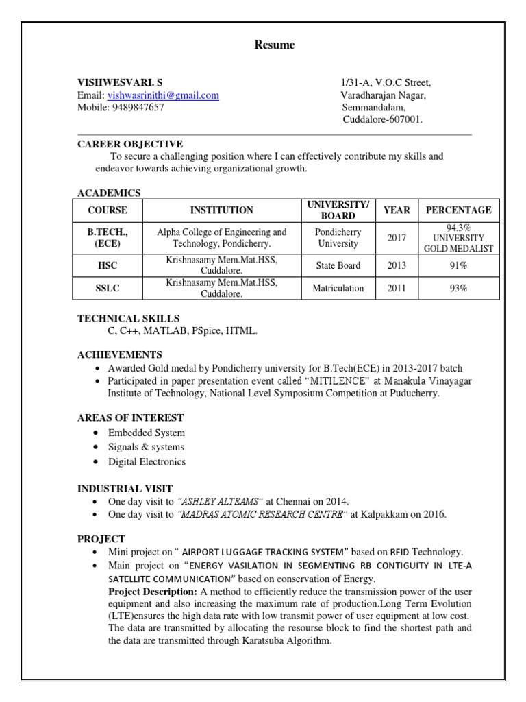 Vishwesvari S: B.Tech ECE Resume | PDF | Electrical Engineering ...
