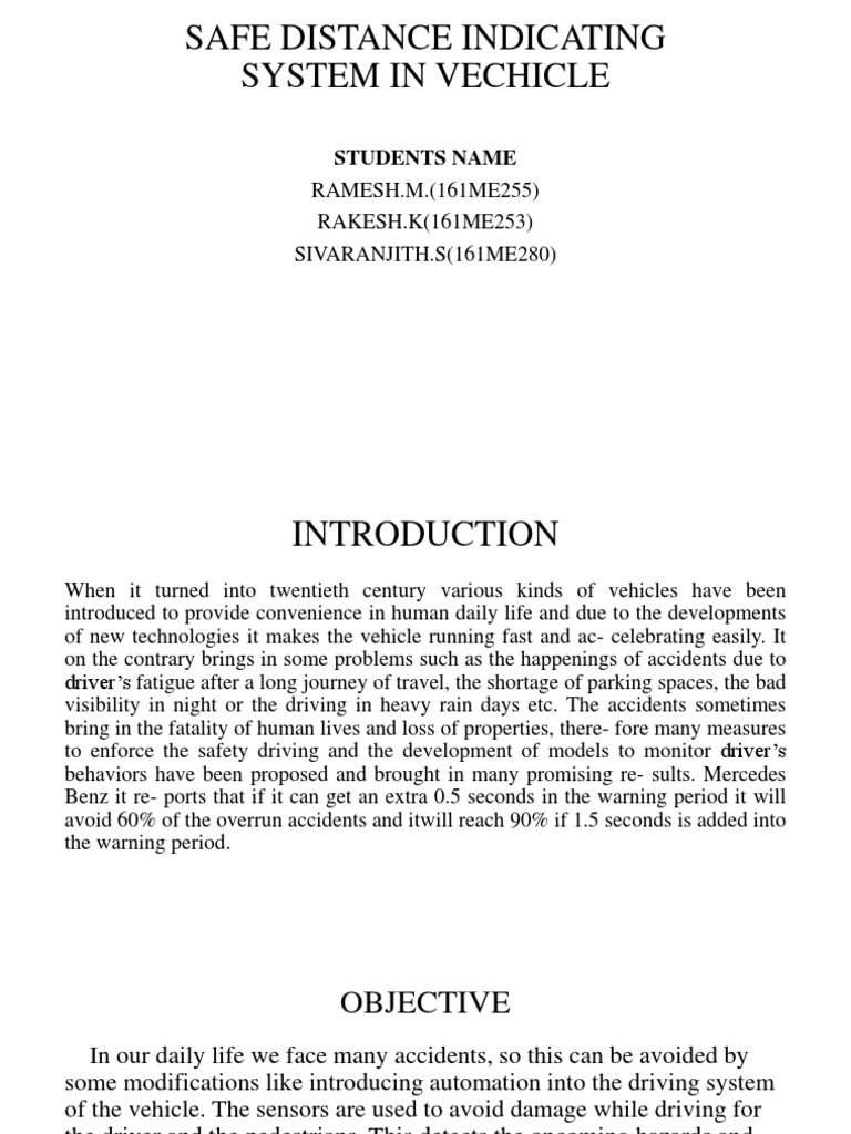Safe Distance Indicating System in Vechicle: Students Name | PDF ...
