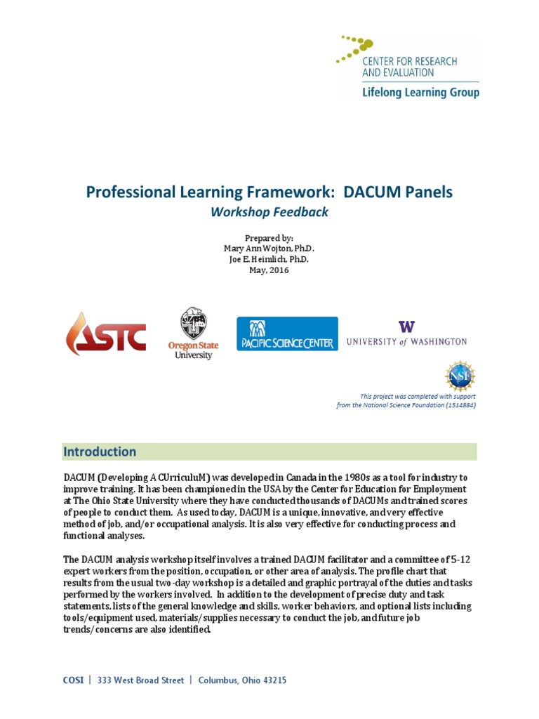 Professional Learning Framework: DACUM Panels: Workshop Feedback | PDF | Expert | Employment