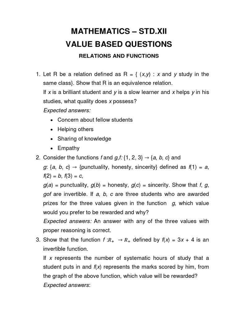 Mathematics - STD - Xii Value Based Questions: Relations and Functions ...